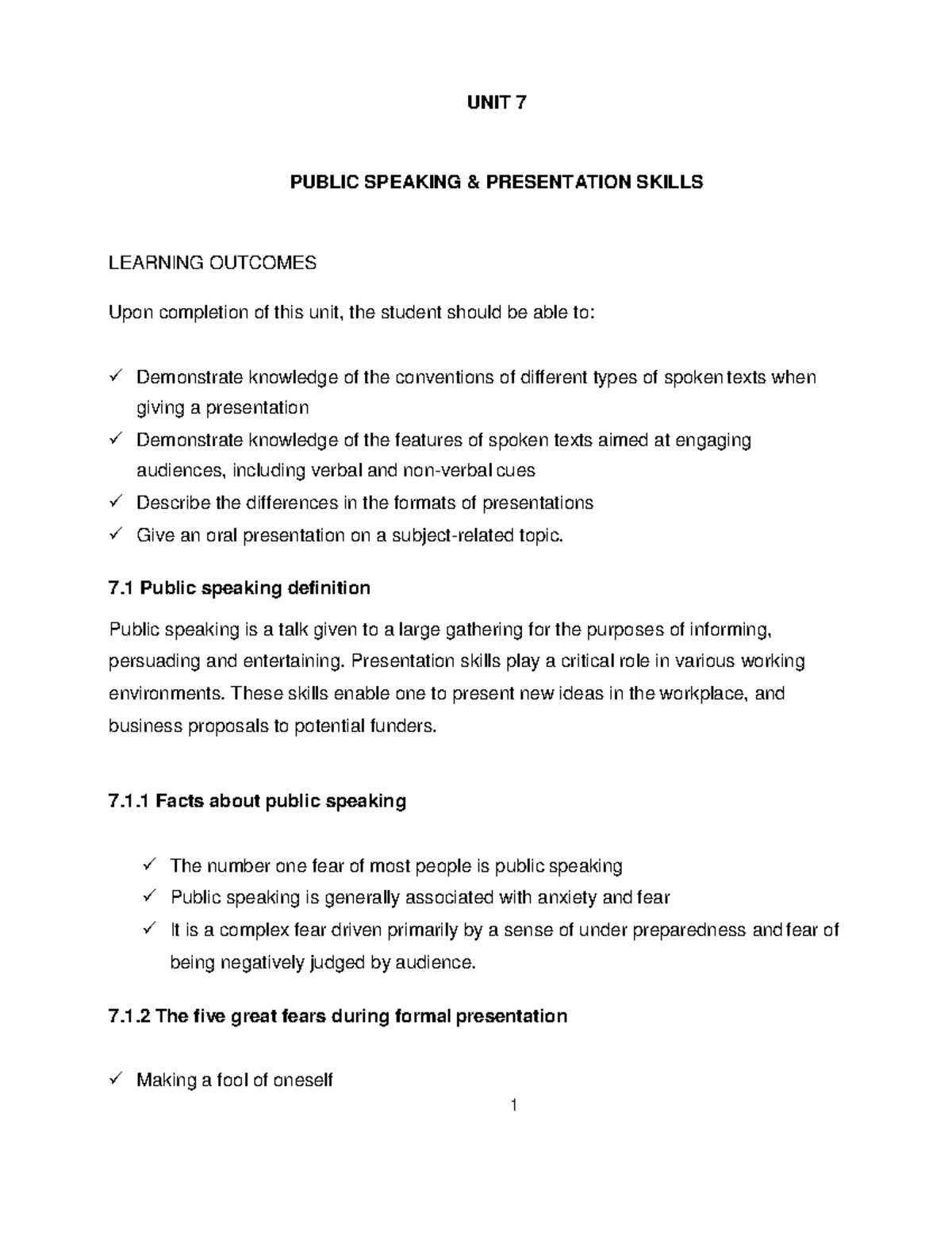UNIT 7 Notes - schoo work - UNIT 7 PUBLIC SPEAKING & PRESENTATION ...