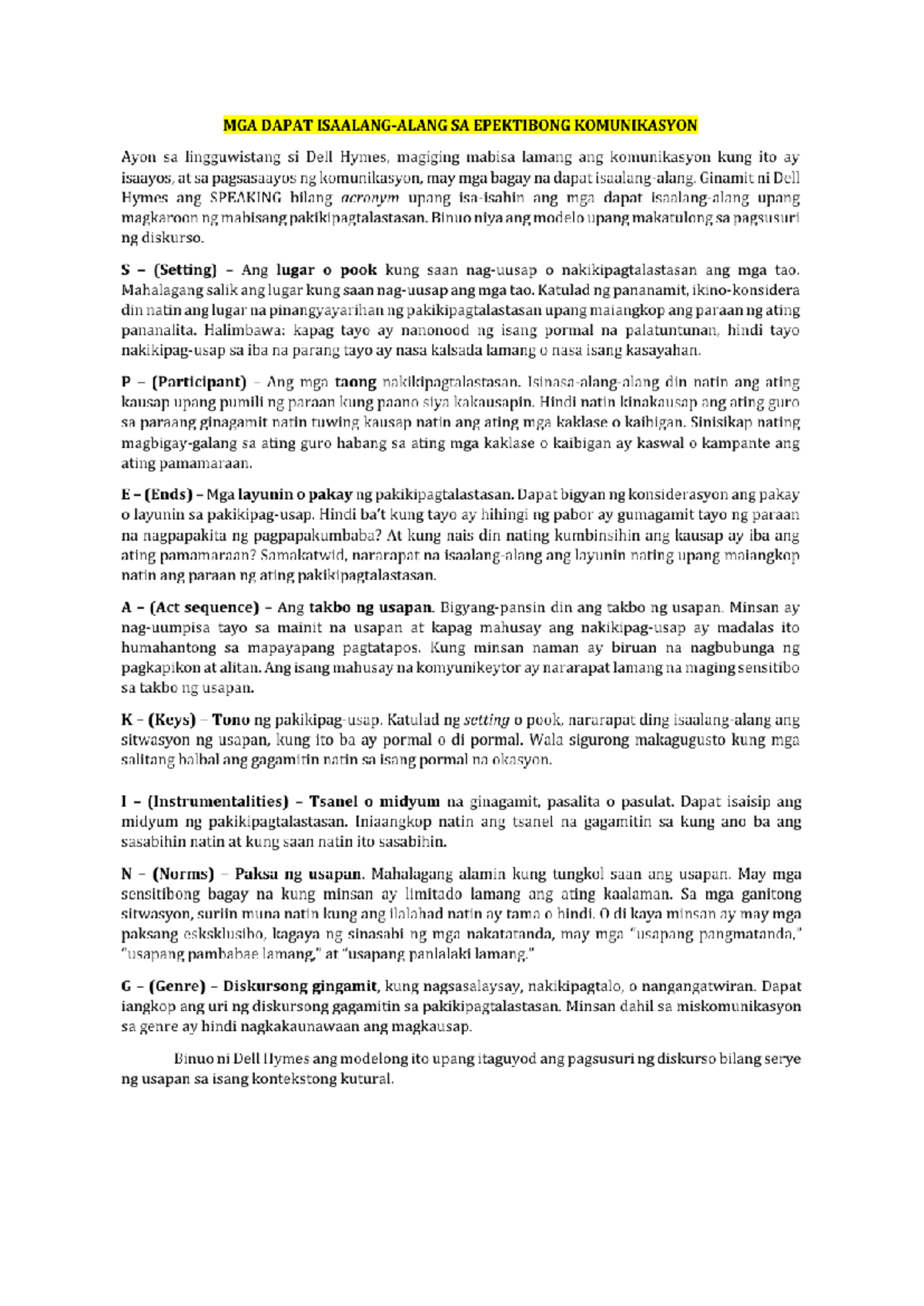 EPEKTIBONG KOMUNIKASYON: SPEAKING Model ni Dell Hymes - Studocu