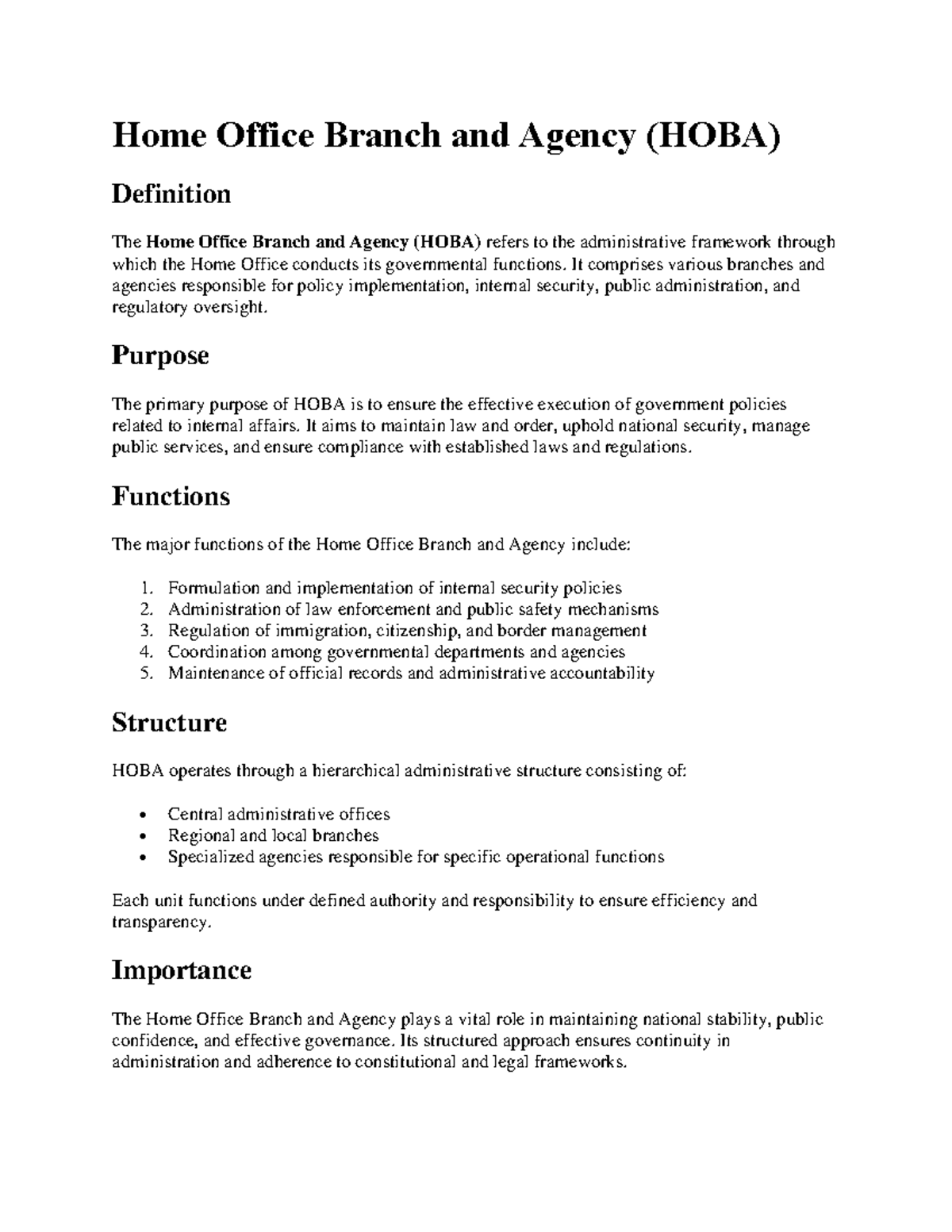Home Office Branch and Agency (HOBA) Overview and Functions - Studocu