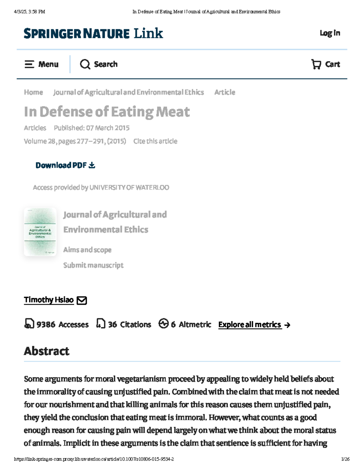 In Defense of Eating Meat: An Ethical Examination (AGE 101) - Studocu