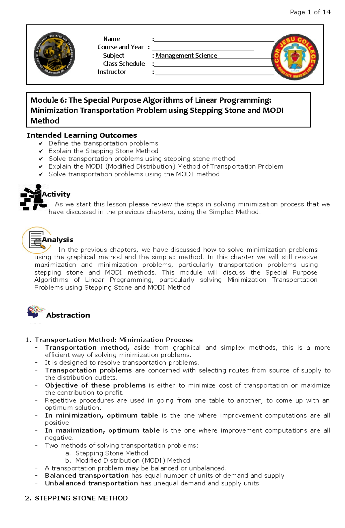 Management Science M6: Special Algorithms for Transportation ...