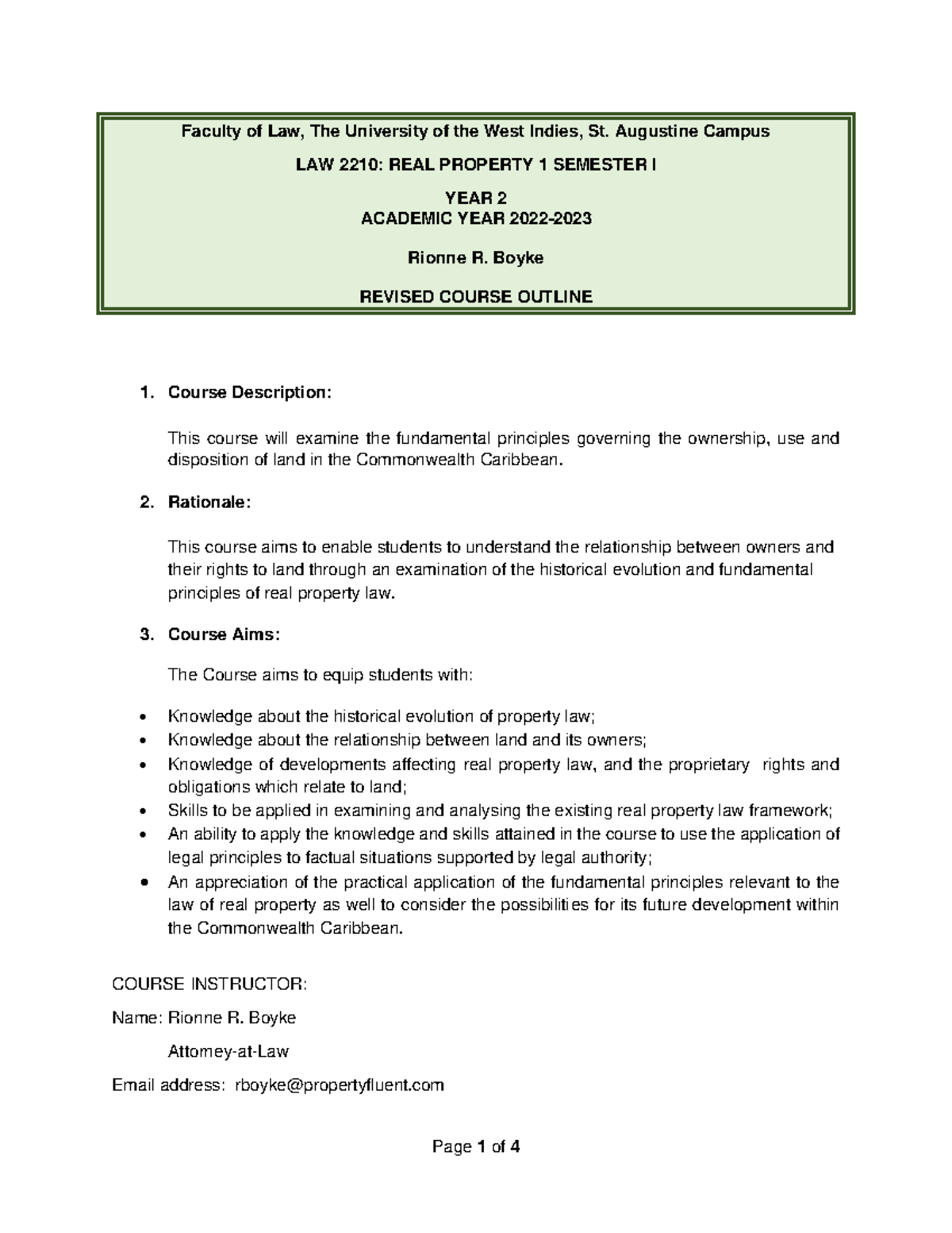 LAW 2210: Revised Course Outline for Real Property 1 (Nov 2022) - Studocu