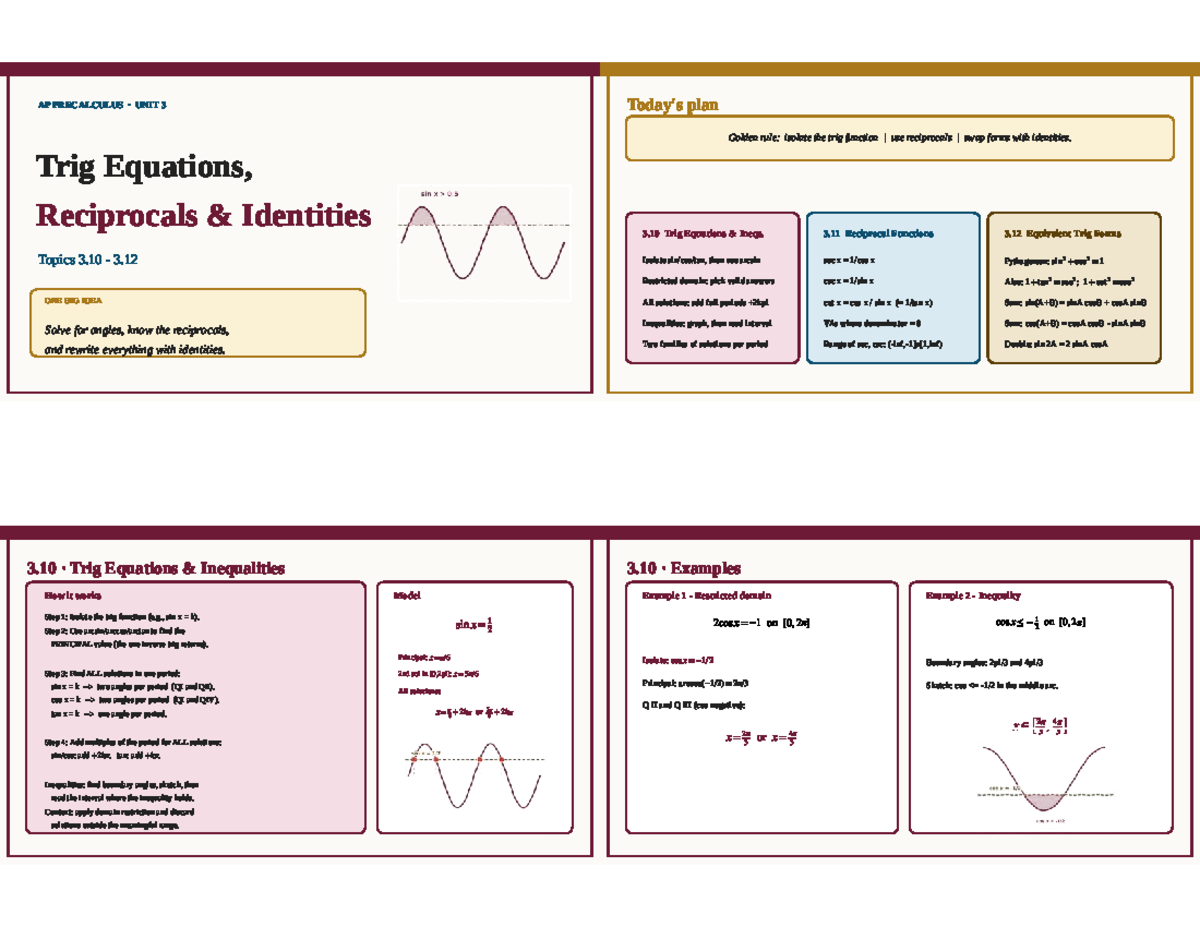 AP PRECALCULUS UNIT 3: Trig Equations & Reciprocal Functions (3.10-3.12 ...