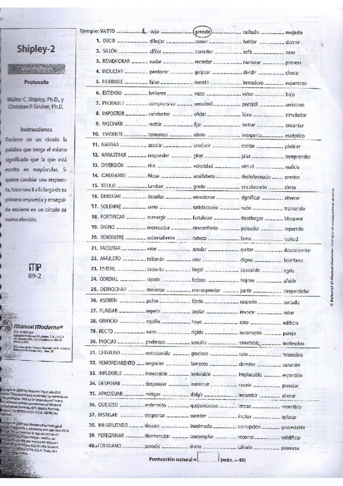 Protocolo de Evaluación: Shipley y Vocabulario MP - Studocu