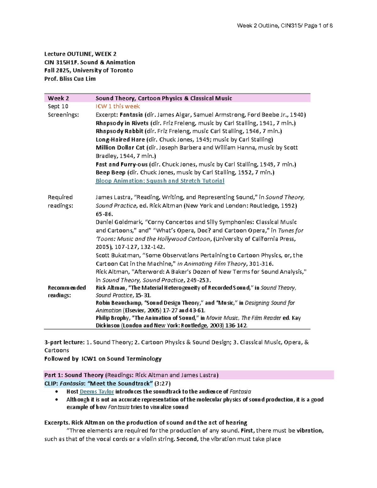 Week 2 Lecture Outline: Sound Animation (CIN 315H1F) Fall 2025 - Studocu
