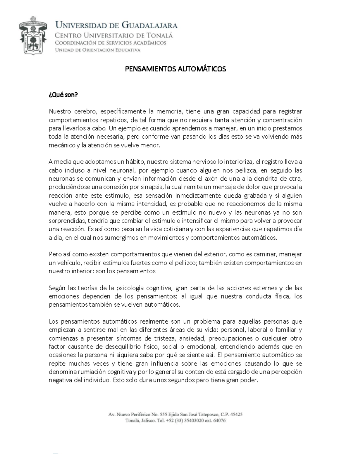 Pensamientos Automáticos y su Impacto Emocional: Guía y Test - Studocu