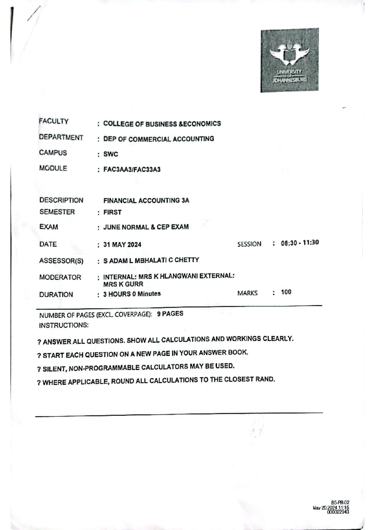 FAC3A JUNE 2024 EXAM - FINANCIAL ACCOUNTING 3A ASSESSMENT NOTES - Studocu