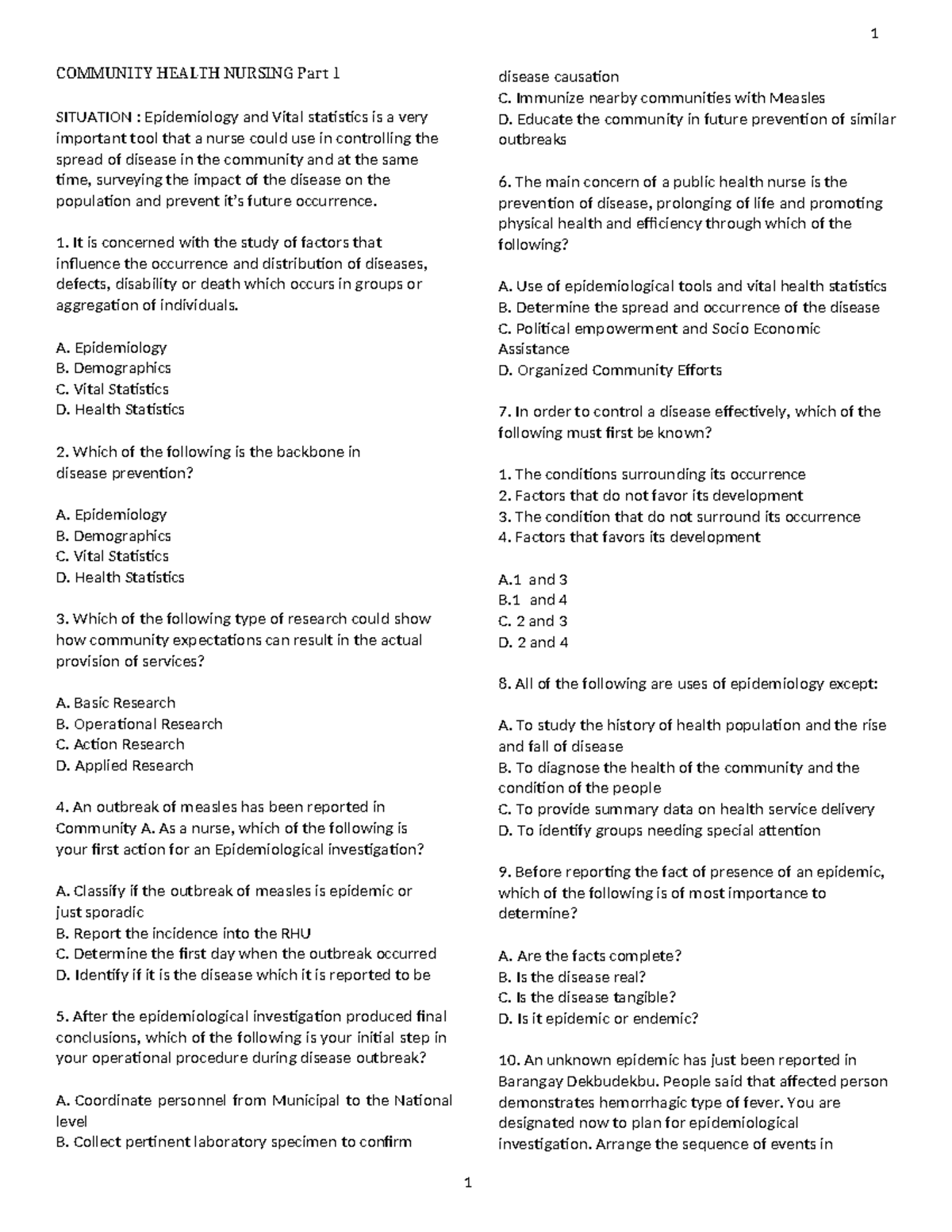 CA2 CHN - Epidemiology & Vital Statistics Exam Questions - Studocu