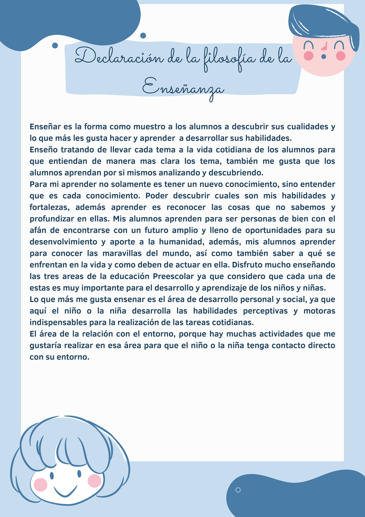 Filosofía de Enseñanza en Educación Preescolar: Reflexiones y ...