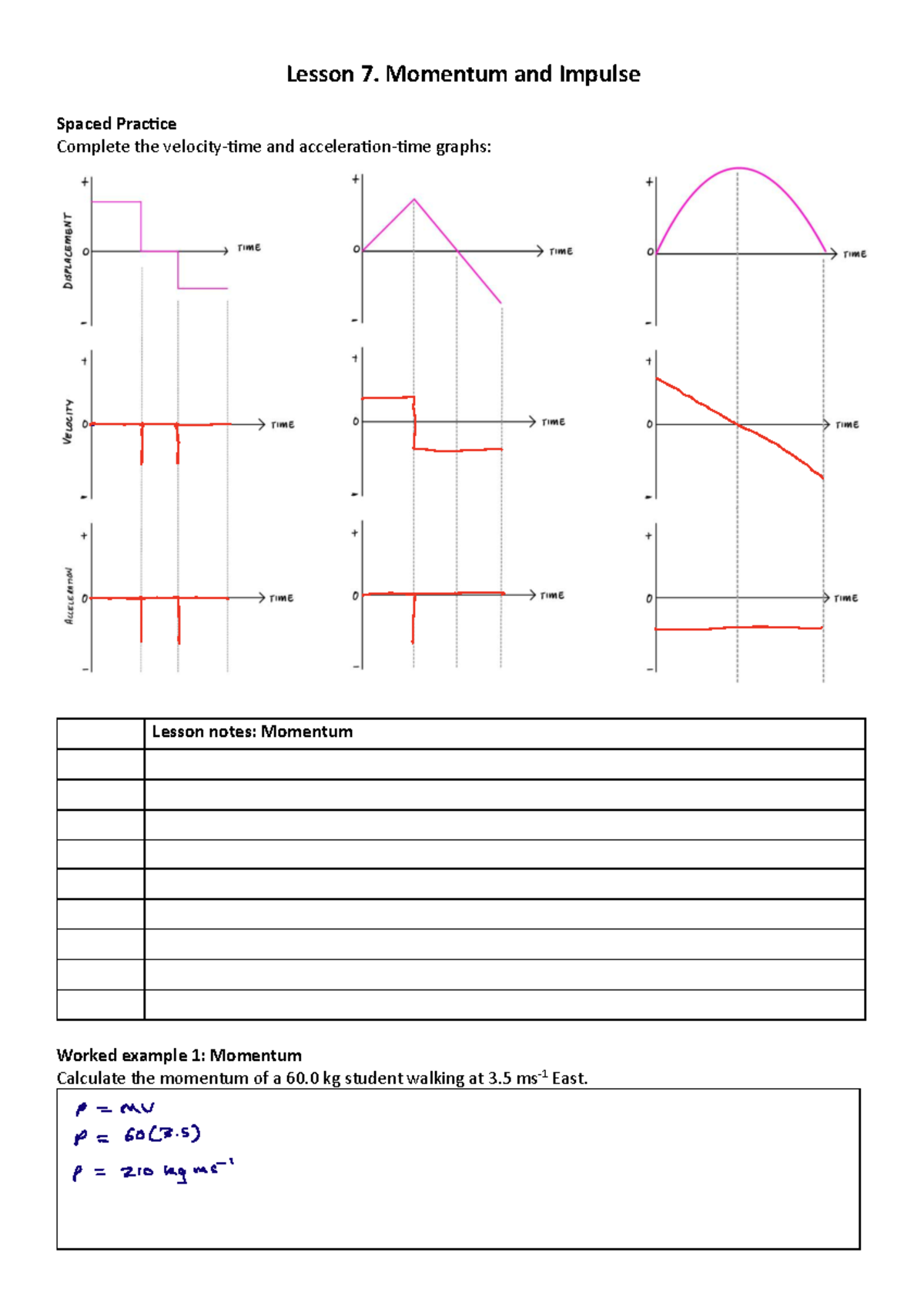 Momentum & Impulse Worksheet (P MU 6023) - Lesson 7 Notes & Examples ...