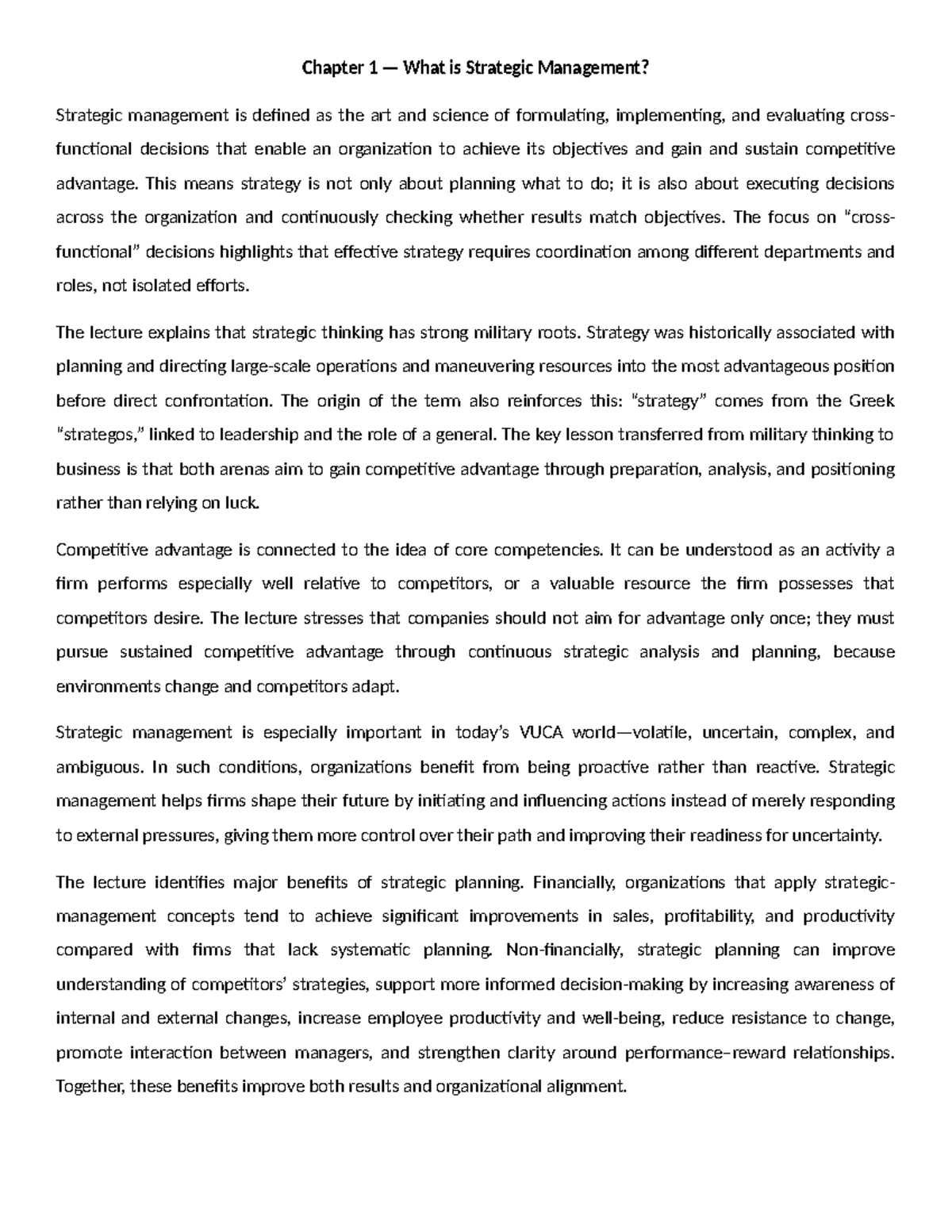 Summary of Chapter 1: What is Strategic Management? - Studocu