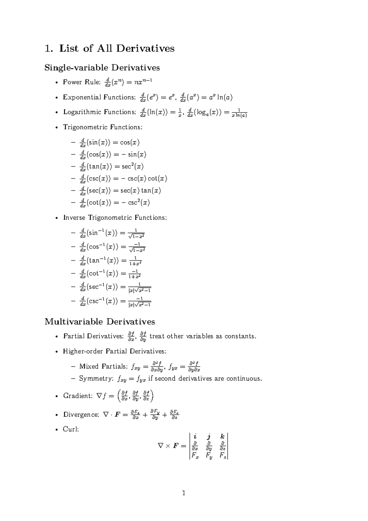 Multivariable calculus derivatives only pdf - 1. List of All ...