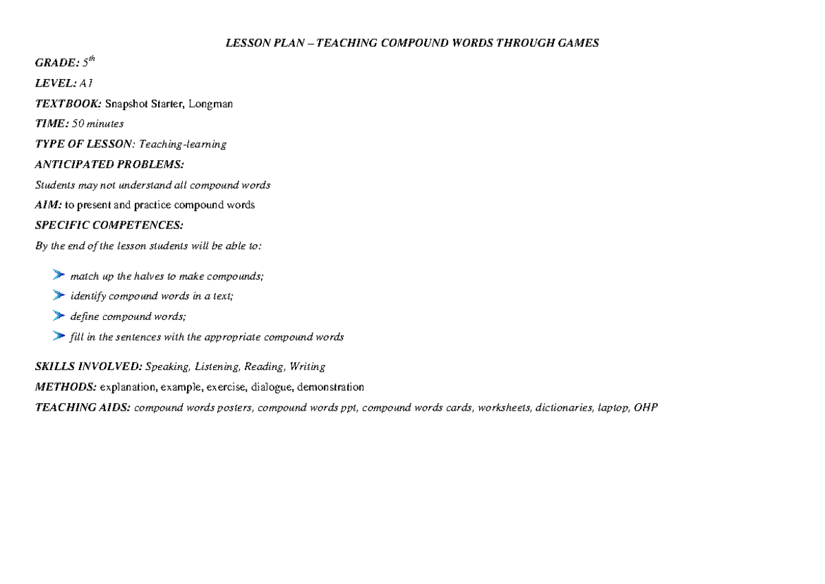 Lesson plan compounds - LESSON PLAN – TEACHING COMPOUND WORDS THROUGH ...