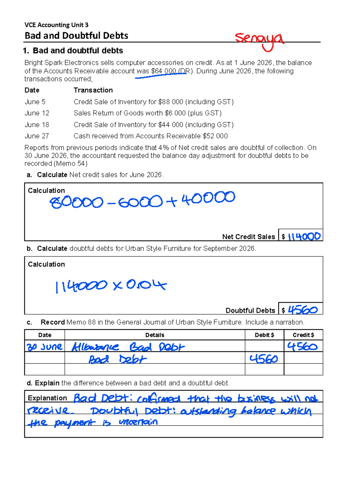 VCE Accounting Unit 3 Bad and Doubtful Debts Worksheet - Studocu