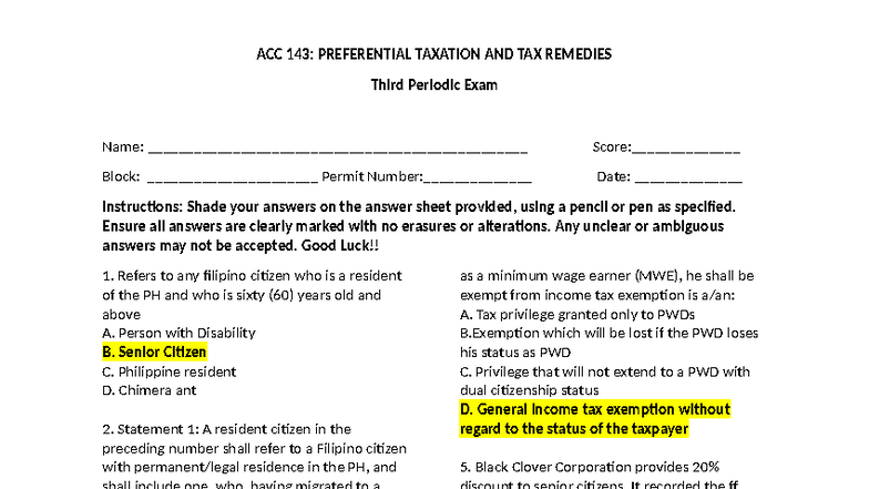 ACC 143: Preferential Taxation Third Periodic Exam Answer Key - Studocu