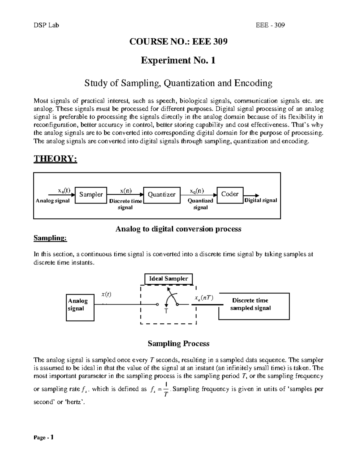 Lab1: Study of Sampling, Quantization and Encoding - COURSE NO.: EEE ...