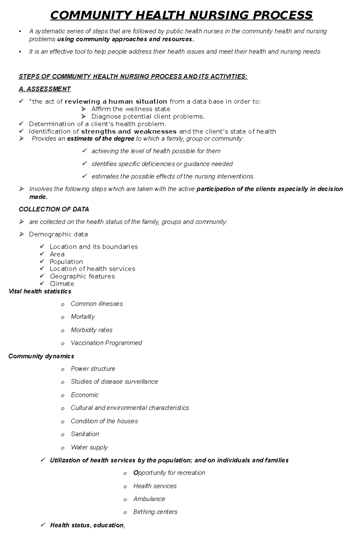 COMMUNITY HEALTH NURSING PROCESS: Steps and Activities (FAMCARPLAN12 ...