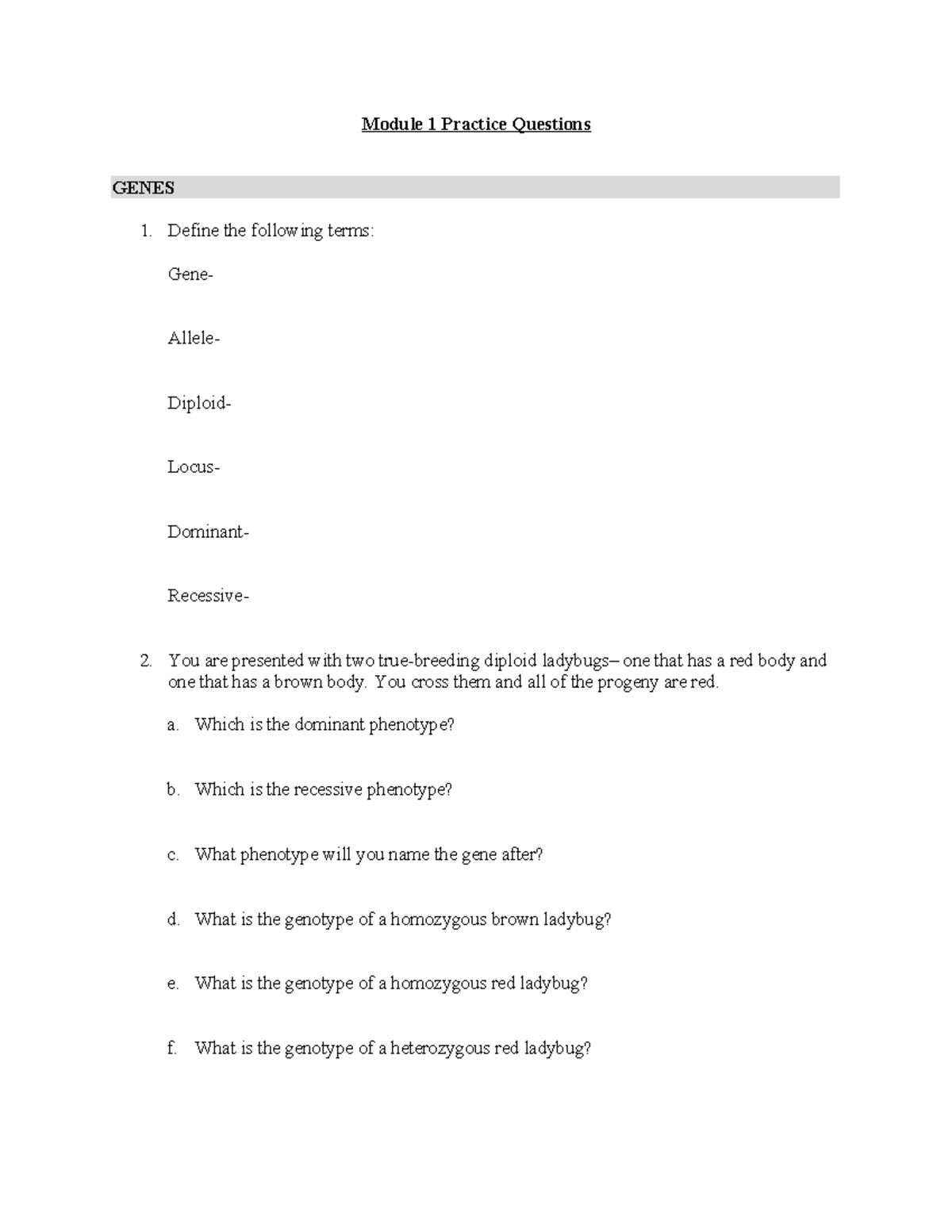 Module 1 Practice Questions - Module 1 Practice Questions GENES Define ...