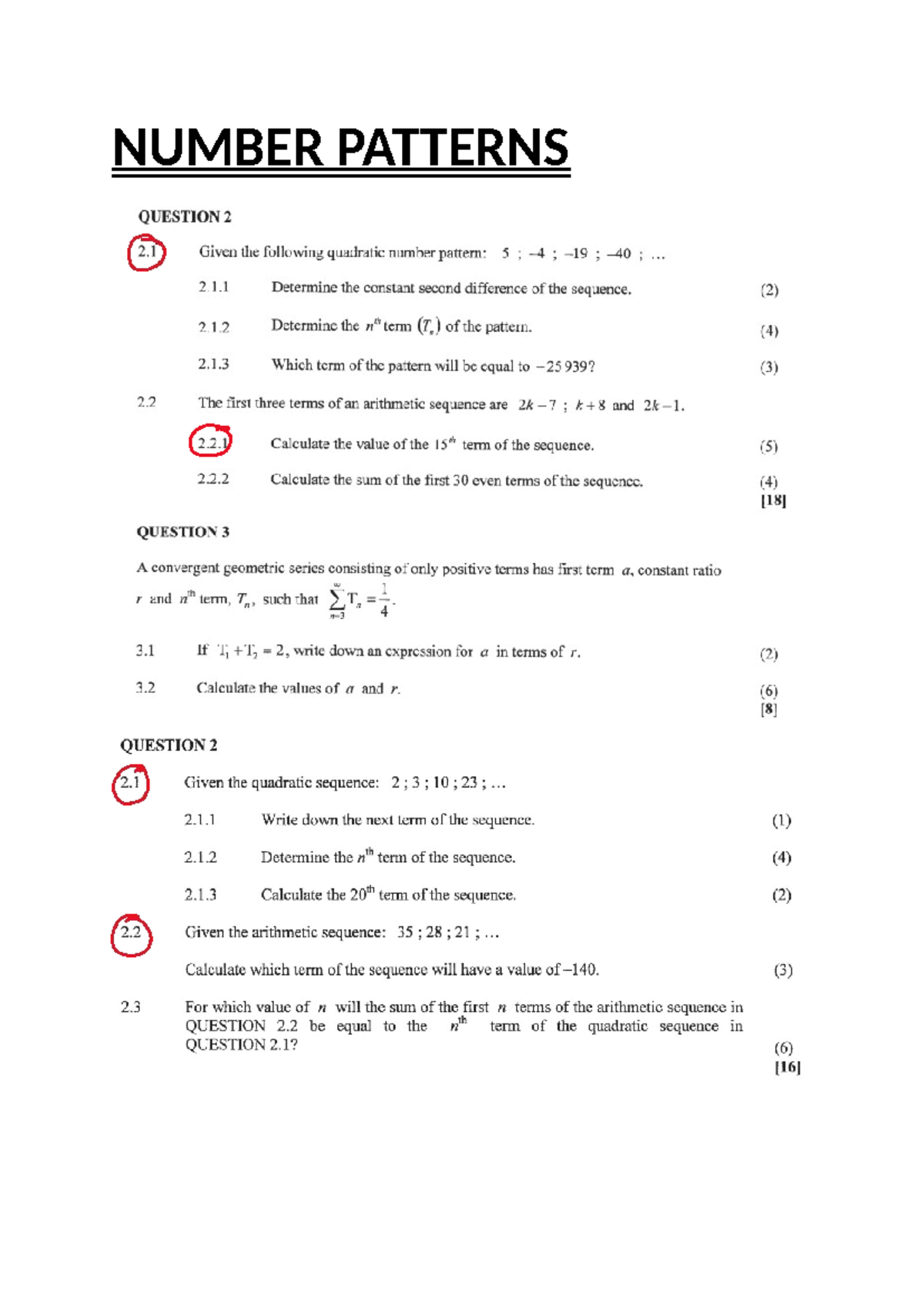Understanding Quadratic and Geometric Number Patterns: MA101 Final Exam ...