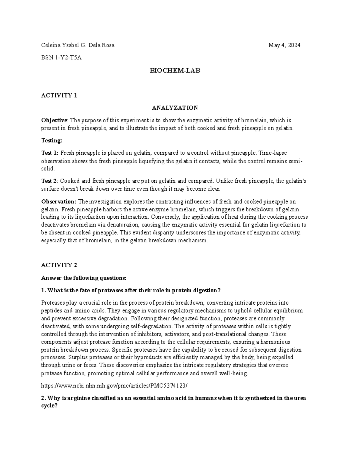 Biochem-LAB - Biochem LAB - Celeina Ysabel G. Dela Rosa May 4, 2024 BSN ...