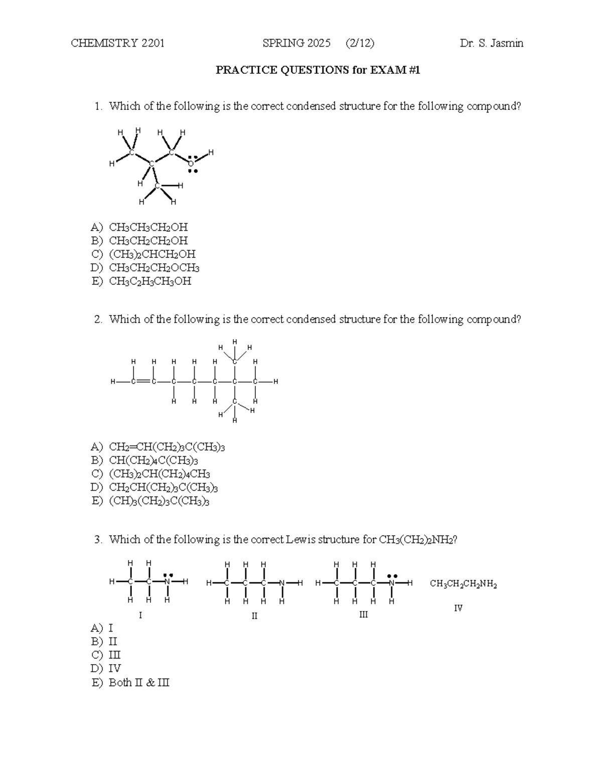 CHEM 2201 Spring 2025 - Practice Questions for Exam #1 Review - Studocu