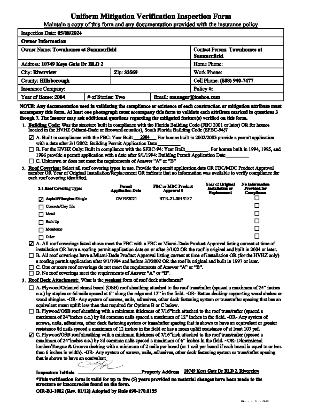 Uniform Mitigation Verification Inspection Form for Townhomes at ...