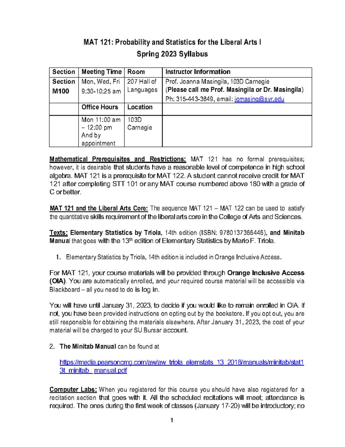 MAT 121 Spring 2023 Course Syllabus and Important Info - Studocu