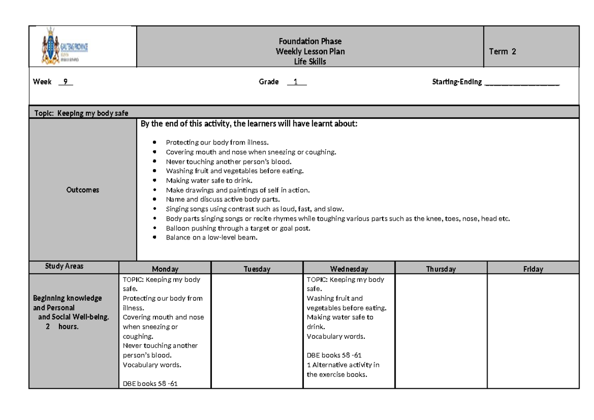 LIFE Skills Lesson Plans Grade 1 Term 2 Week 9: Keeping Safe - Studocu