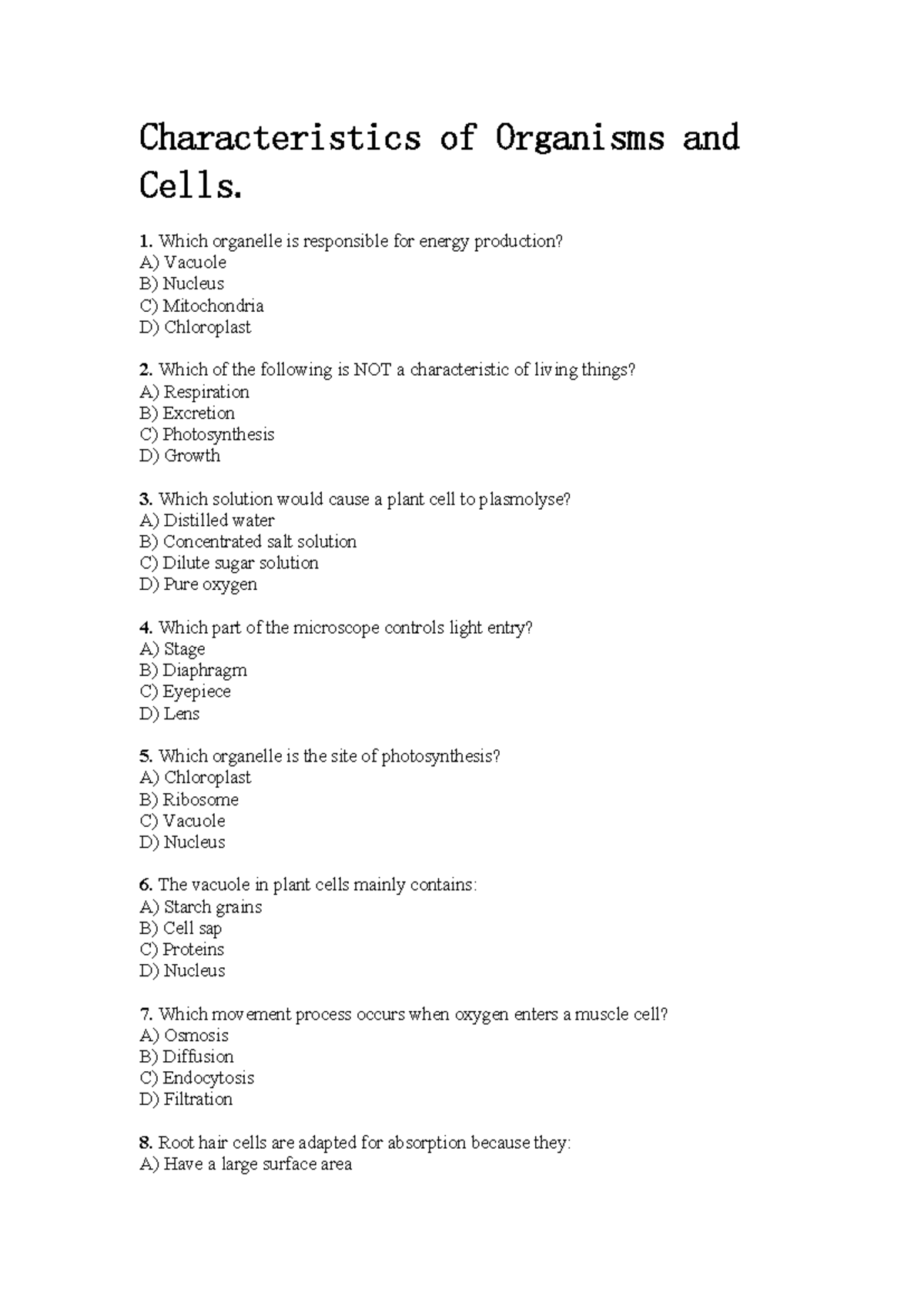 Biology 1: Characteristics of Organisms and Cells Quiz - Studocu