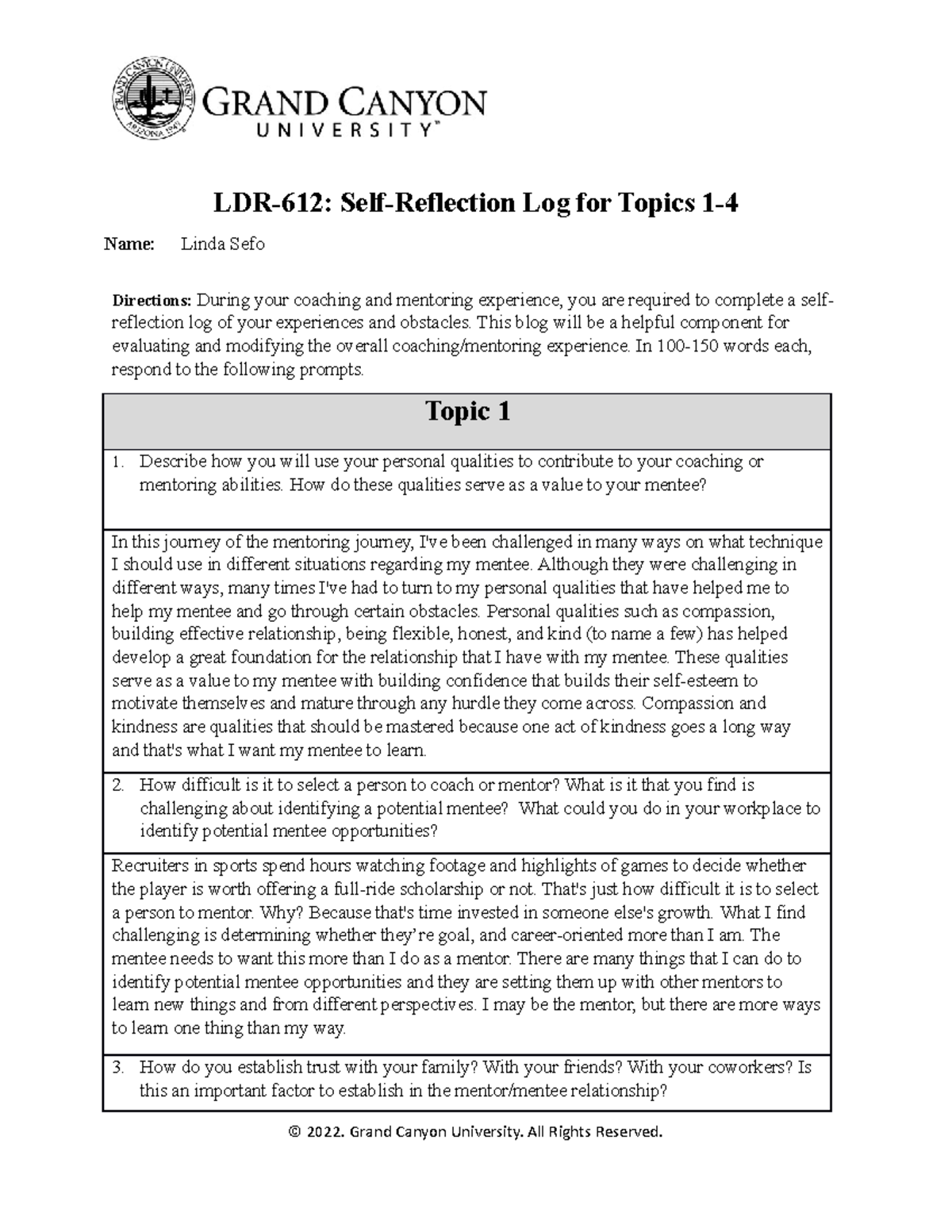 LDR-612: Self-Reflection Log on Coaching & Mentoring Experiences - Studocu