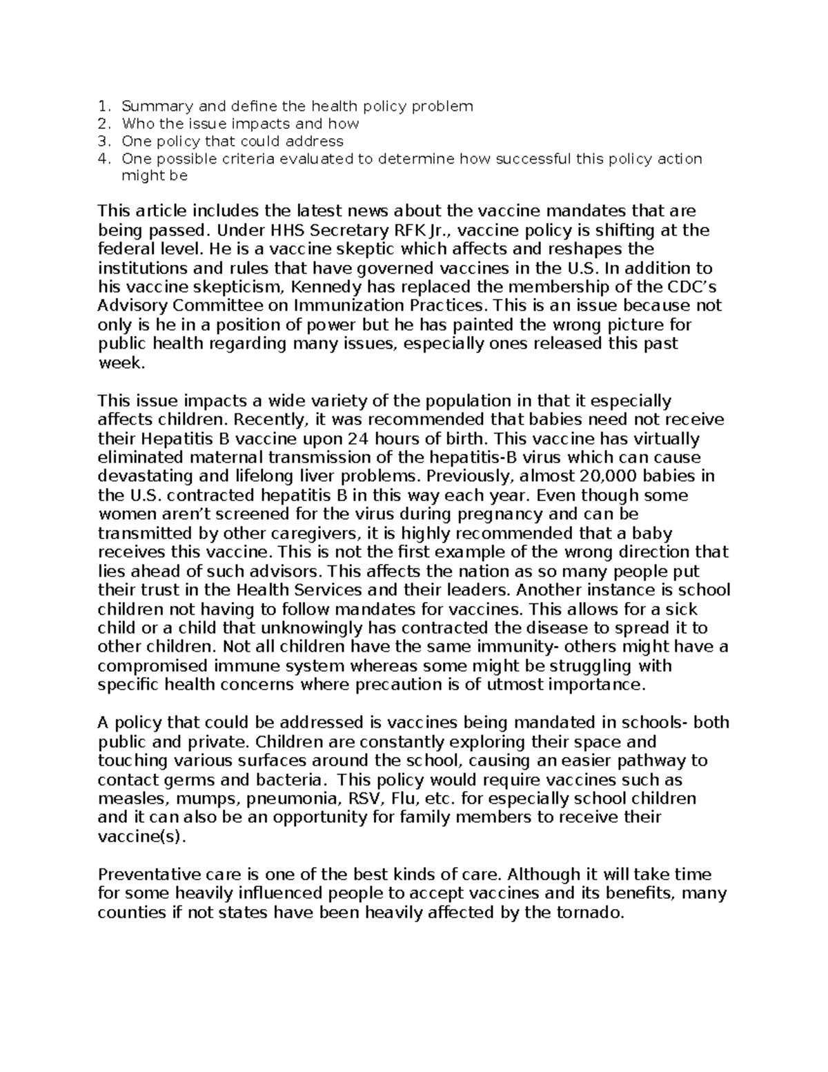PA 201 - Vaccine Policy Impact Assessment and Recommendations - Studocu
