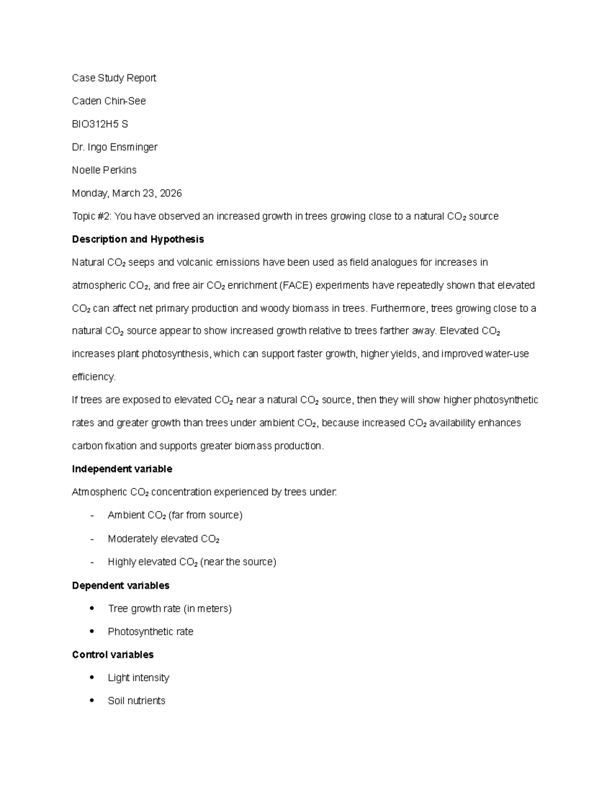 BIO312H5 S Case Study Report on Tree Growth Near CO2 Sources - Studocu