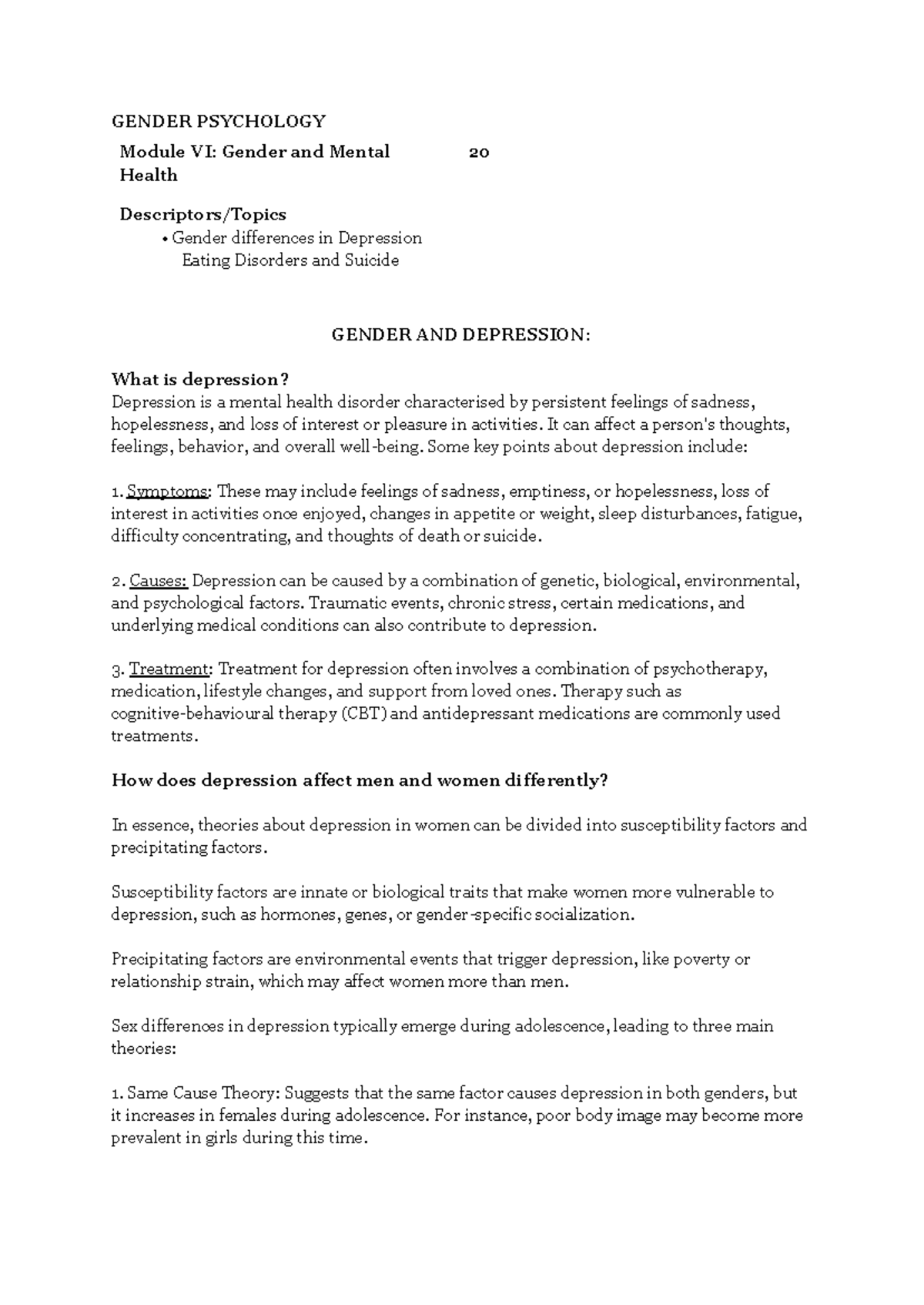 GENDER PSYCHOLOGY Module VI: Gender and Mental Health Insights - Studocu