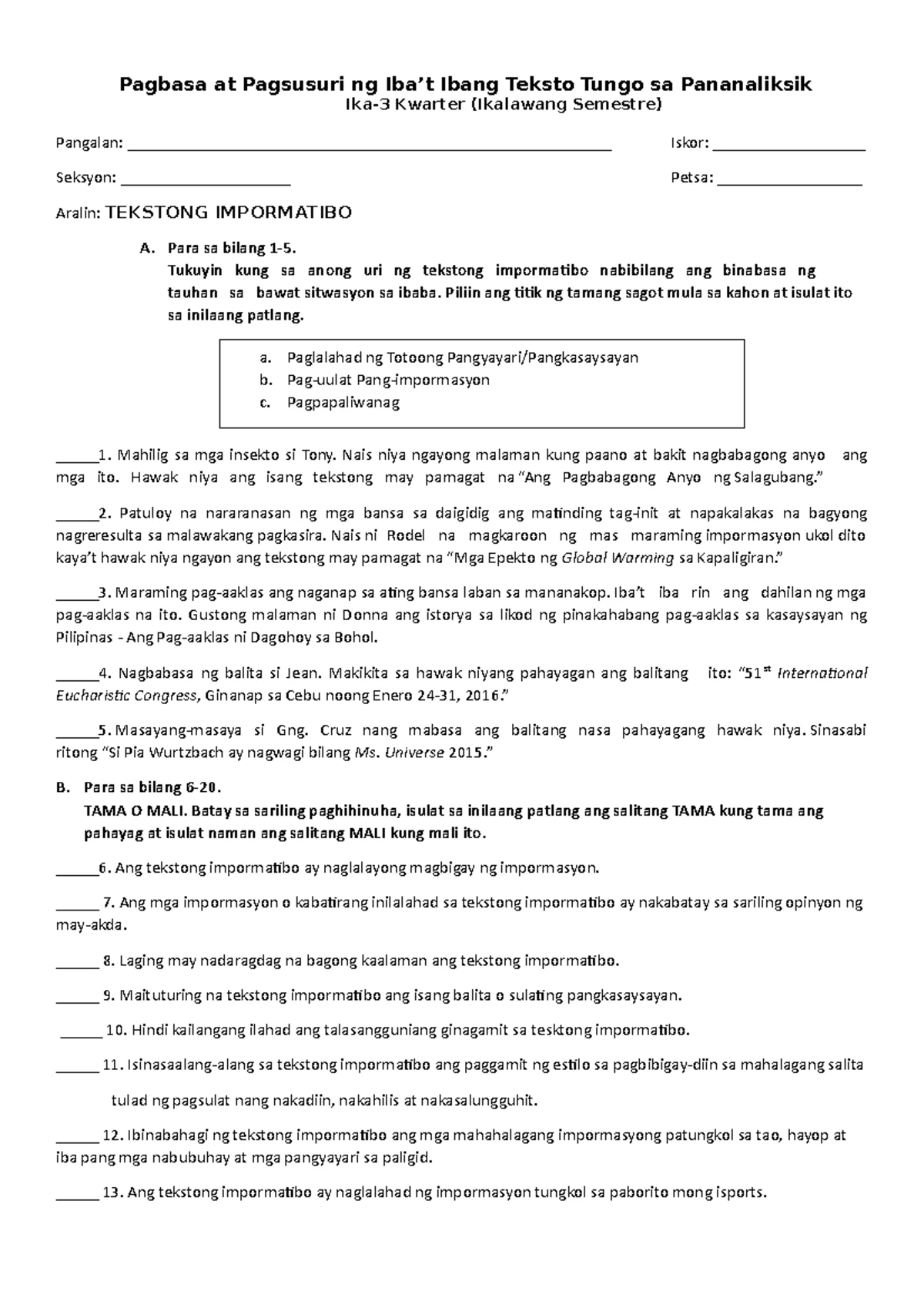1 LAS Tekstong Impormatibo - LEARNING ACTIVITY SHEET Pagbasa at ...