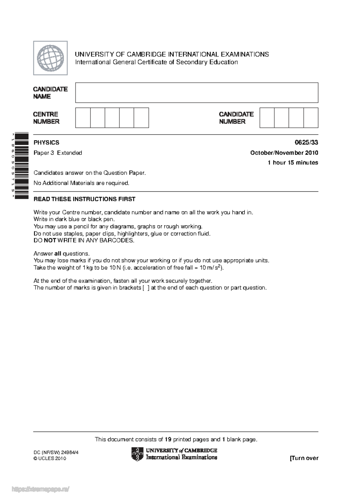 IGCSE Physics Paper 3 Extended 0625/33 Past Exam Questions 2010 - Studocu