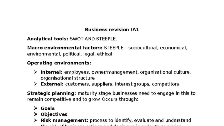 Business Revision Notes IA1: SWOT & STEEPLE Analysis for Strategic ...
