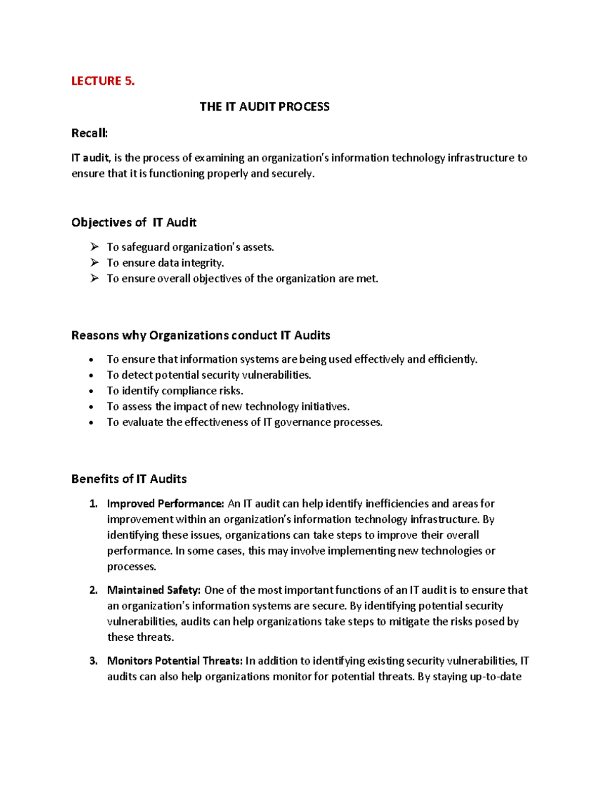 LECTURE 5: THE IT AUDIT PROCESS - Key Concepts and Benefits - Studocu