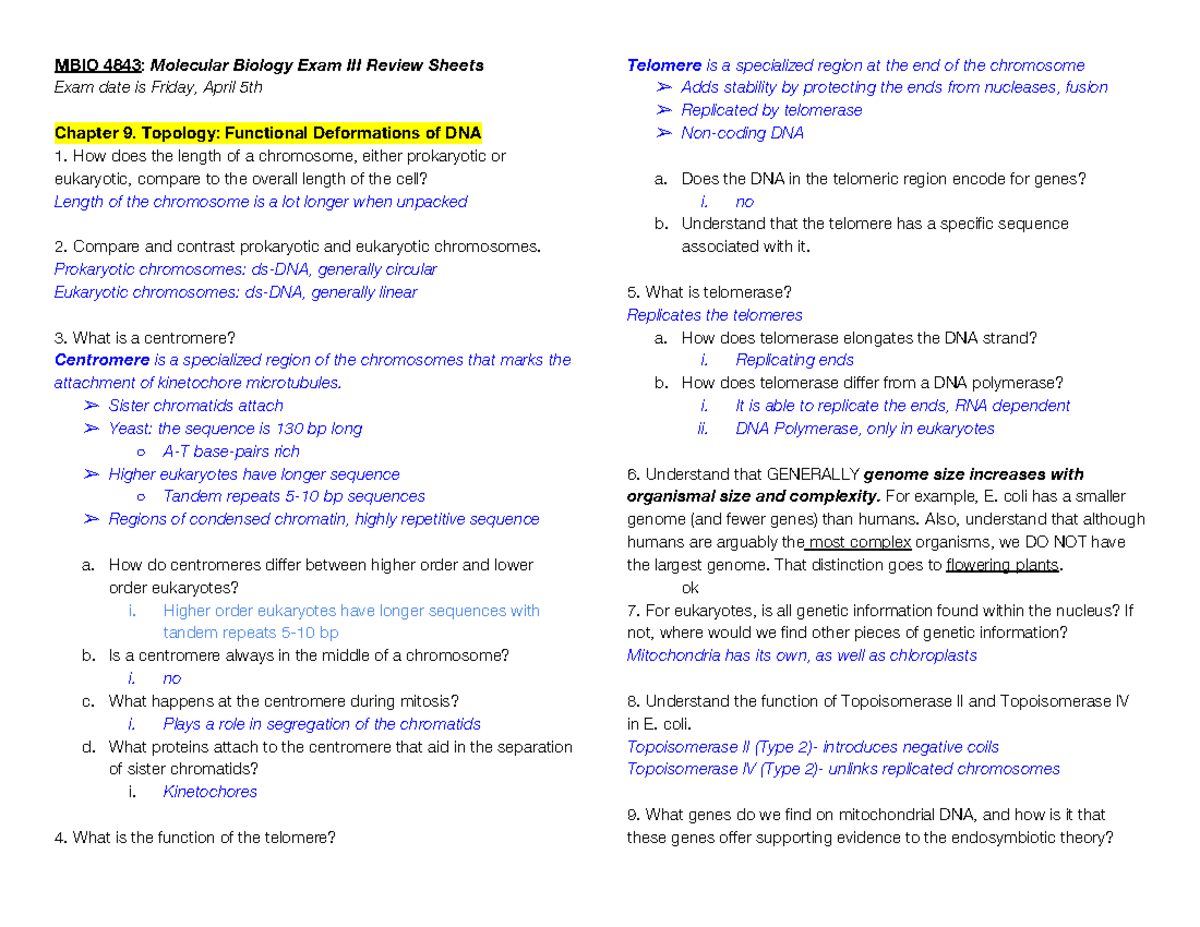 MBIO 4843: Molecular Biology Exam III Review - Chapter 9 & 10 Topics ...