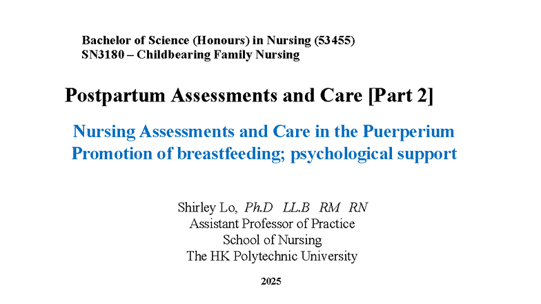 SN3180 Lecture 12: Postpartum Assessments & Care in Nursing - Studocu