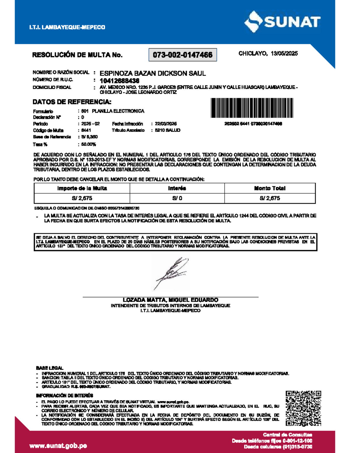 Resolución de Multa No. 073-002-0147466 - I.T.I. Lambayeque - Studocu