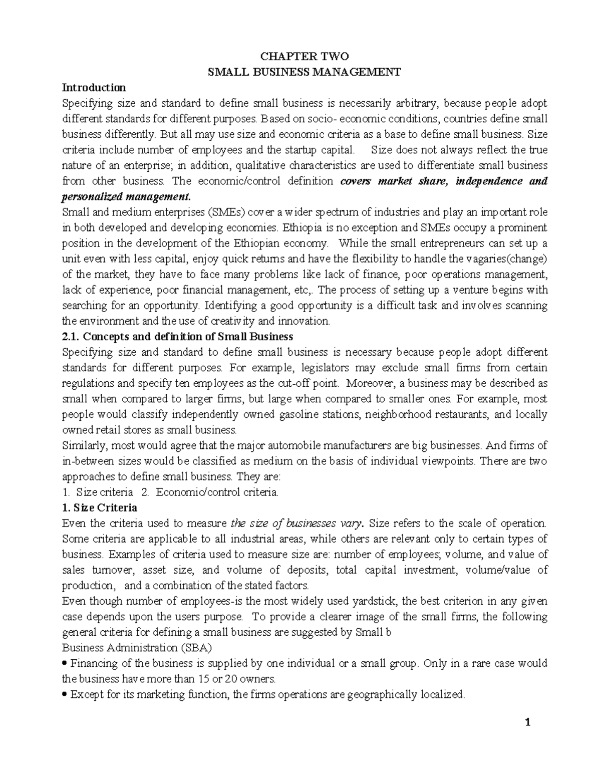 CHAPTER 2: SMALL BUSINESS MANAGEMENT - Definitions and Challenges - Studocu