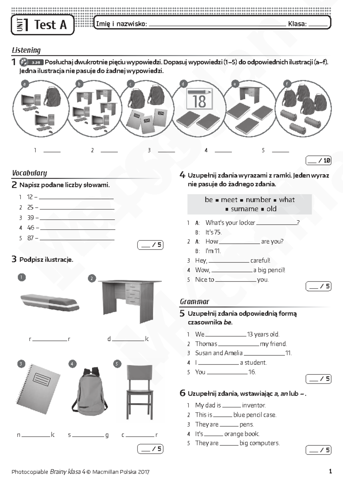 Brainy kl4 Unit Test 1A - Listening, Vocabulary, and Grammar - Studocu