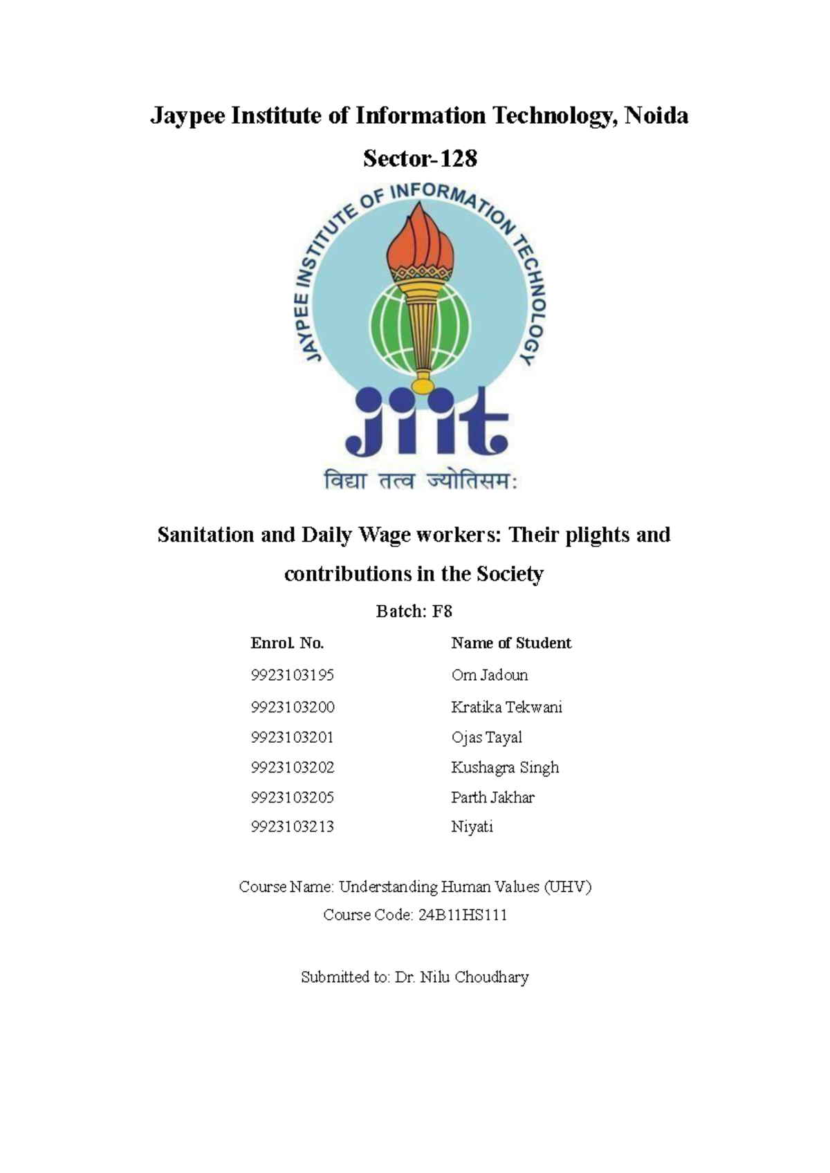UHV Project Report: Sanitation & Daily Wage Workers' Contributions ...