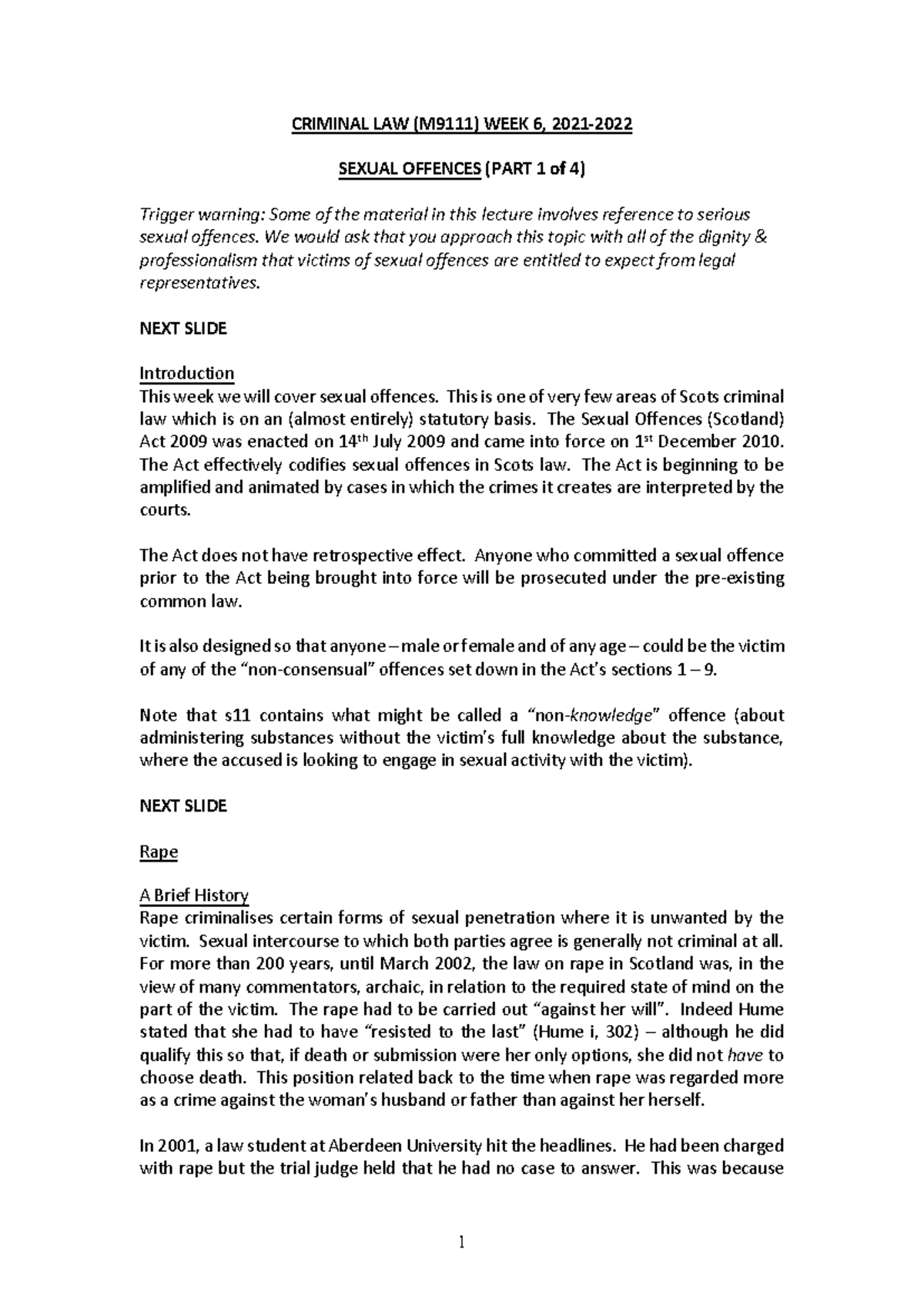 Week 6 Lecture Transcripts - Sexual Offences - 2021-2022 - PART 1 of 4 ...