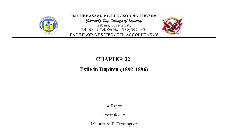 BSA 2B: Chapter 22 - Rizal's Exile in Dapitan Analysis - Studocu