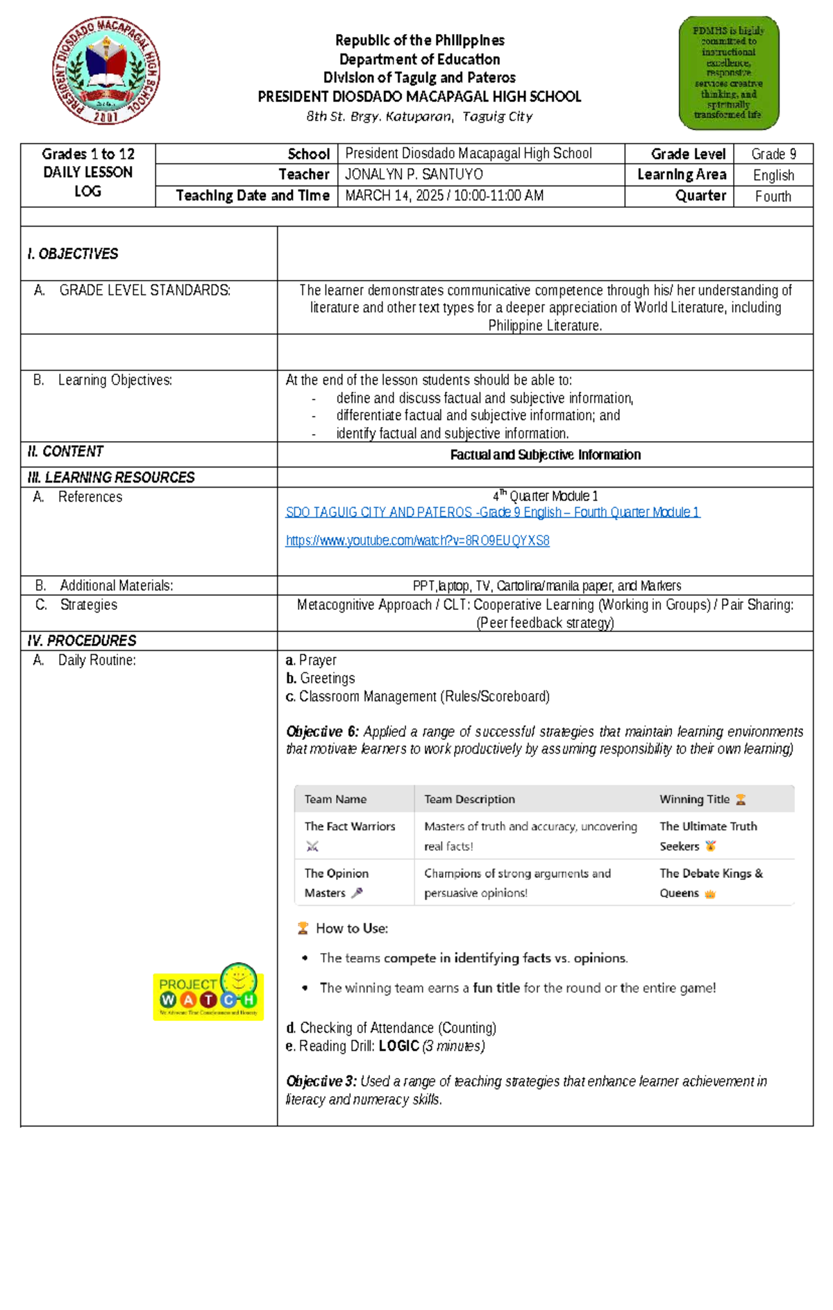 Grade 9 English Daily Lesson Log: Factual vs. Subjective (Q4) - Studocu