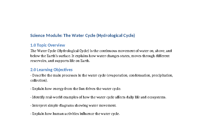 Science Module: The Water Cycle (Hydrological Cycle) Overview - Studocu