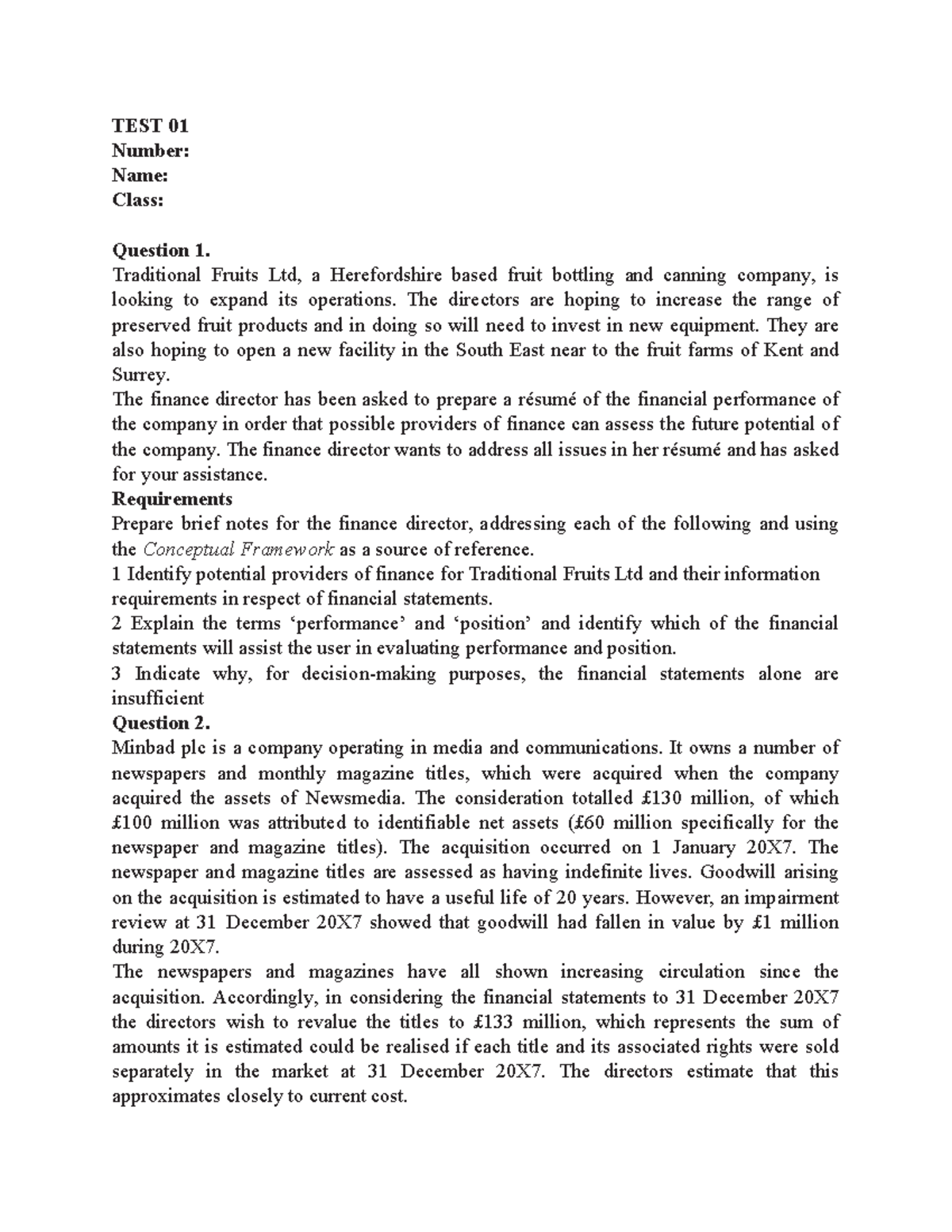 TEST 01 - Practical Works on Financial Statements & Intangible Assets ...