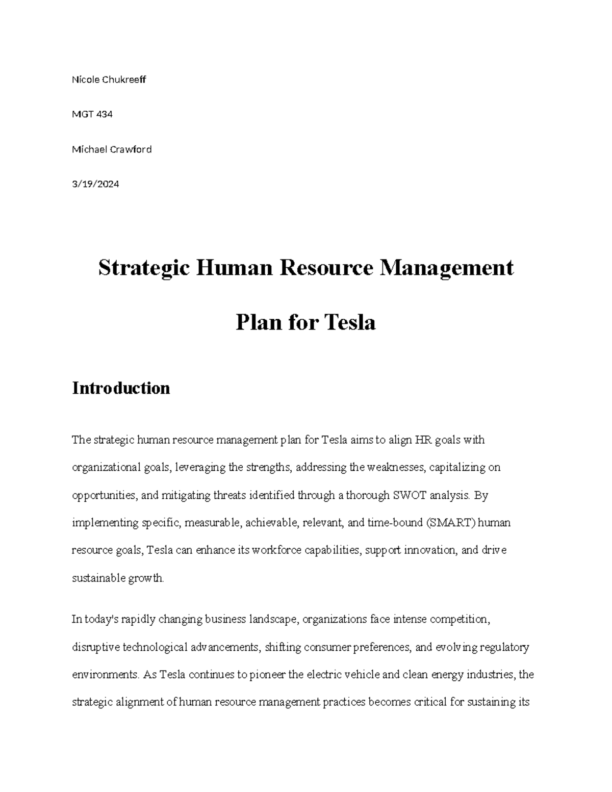 MGT-434 Strategic HR Management Plan for Tesla: Goals & Strategies ...