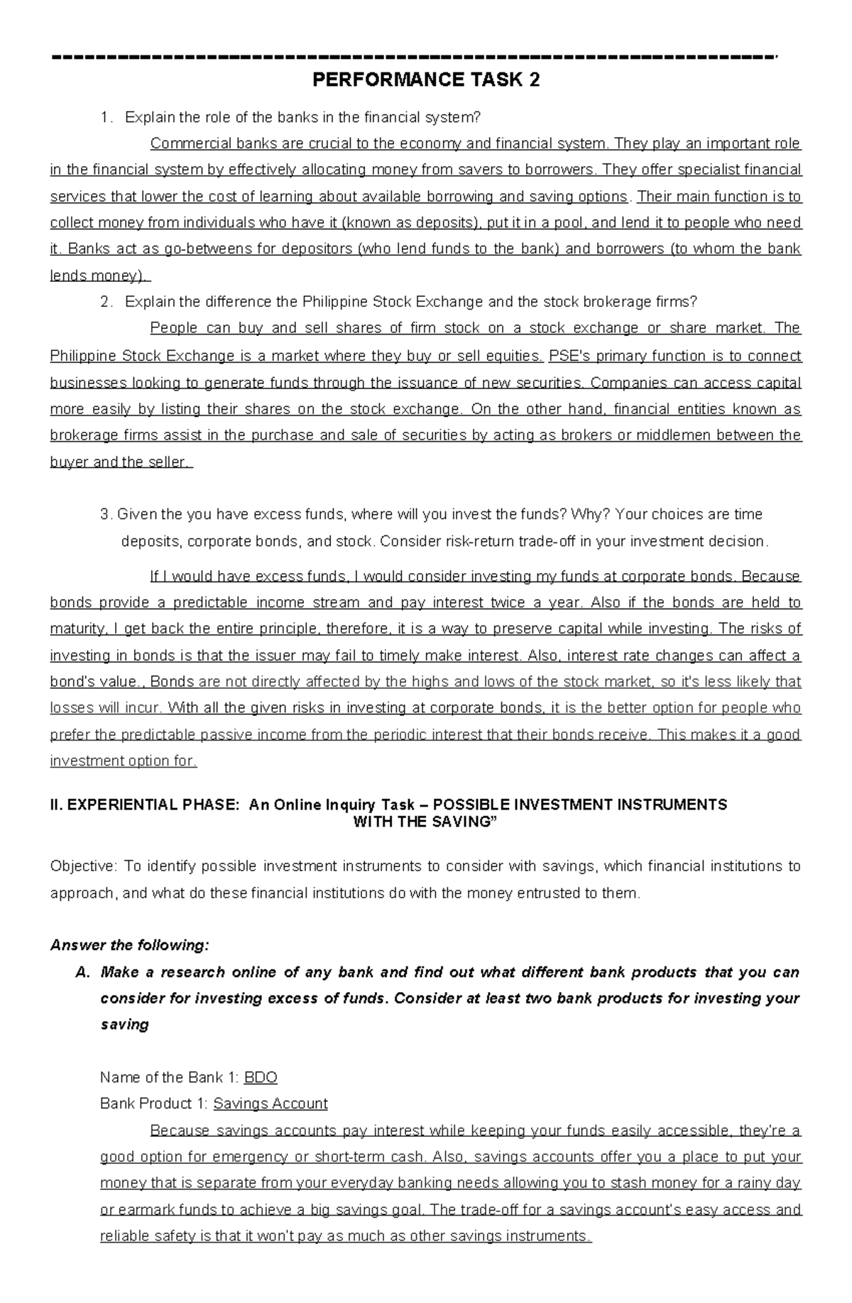 SY 2022 2023 Business Finance PT2 - PERFORMANCE TASK 2 Explain the role ...